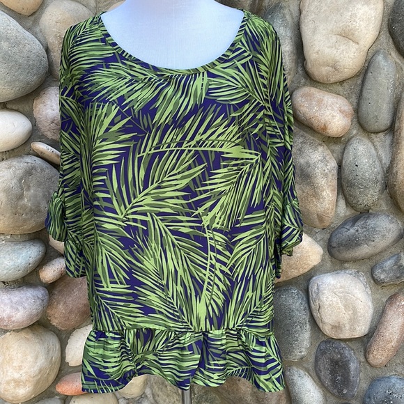 BonWorth | Tops | Bonworth Blue Green Tropical Leaf Blouse Xlp | Poshmark